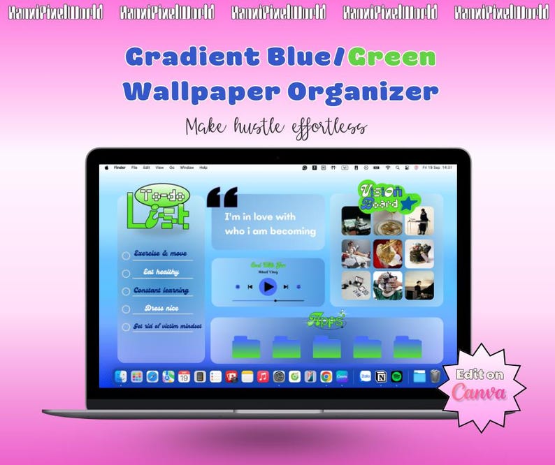 Blue & Green Desktop Organizer Wallpaper: Customizable Canva Template ...