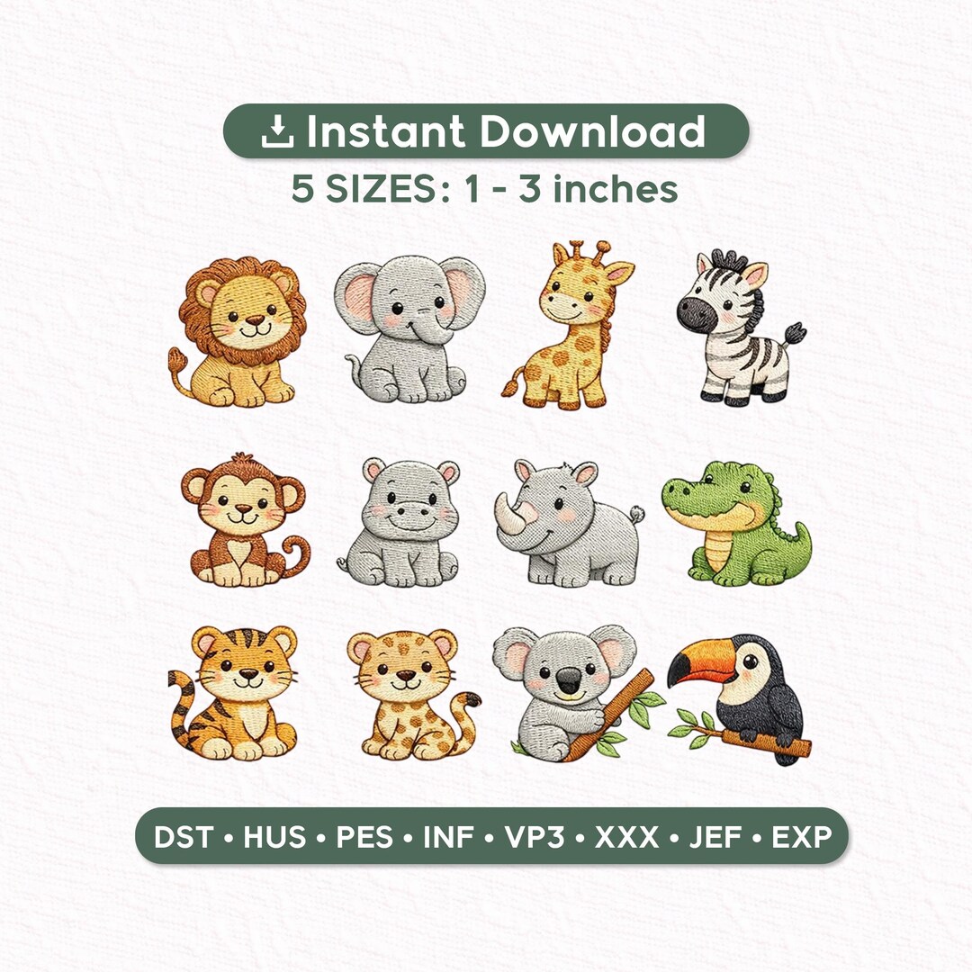 Safari Animals Embroidery Design Set, Baby Jungle Animals Mini Icons ...