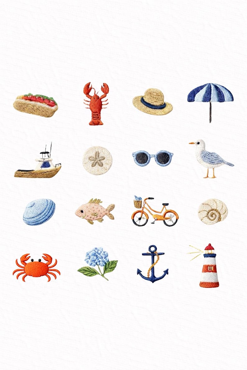 Coastal Beach Mini Embroidery Designs Set of 16 | Summer Nautical Icons ...
