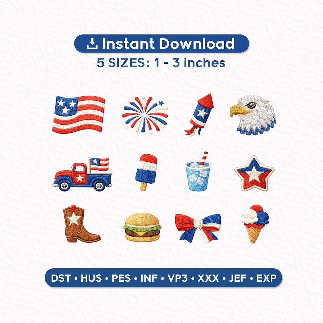 4th of July Mini Embroidery Designs Bundle, Patriotic USA Icons Set ...