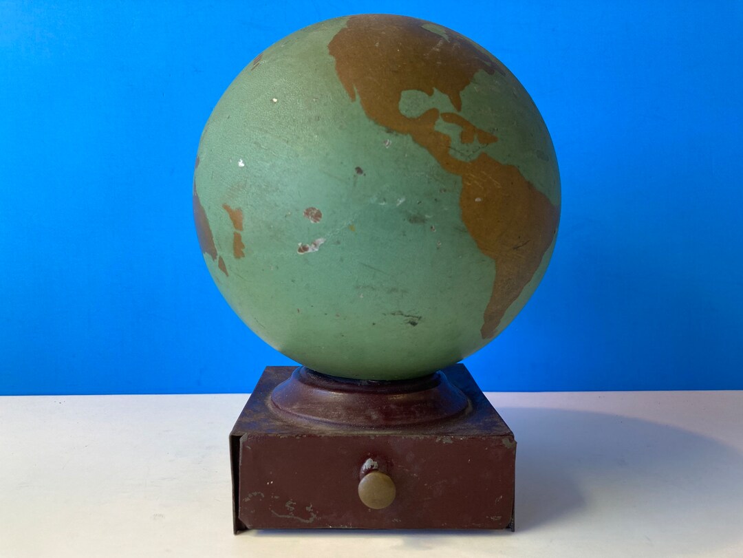 Tin World Globe Bank W Drawer - Etsy