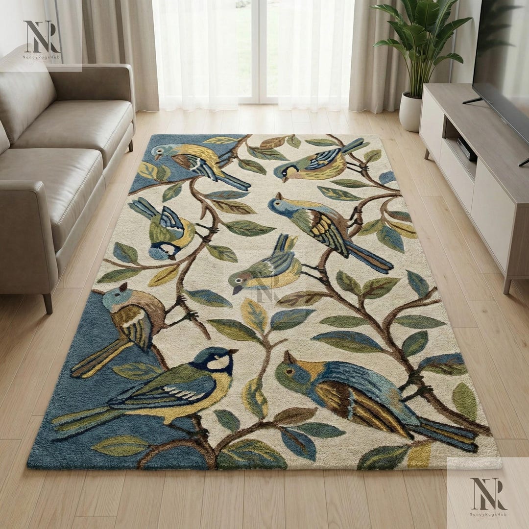 Hand Tufted Bird Area Rug – Cottagecore Nature Botanical Design - Etsy