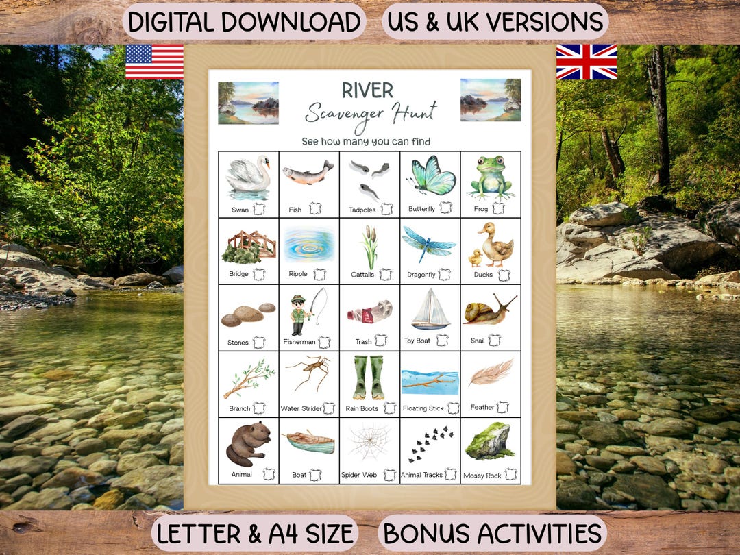 River Scavenger Hunt for Kids | Nature Adventure, US + UK (PDF Download ...