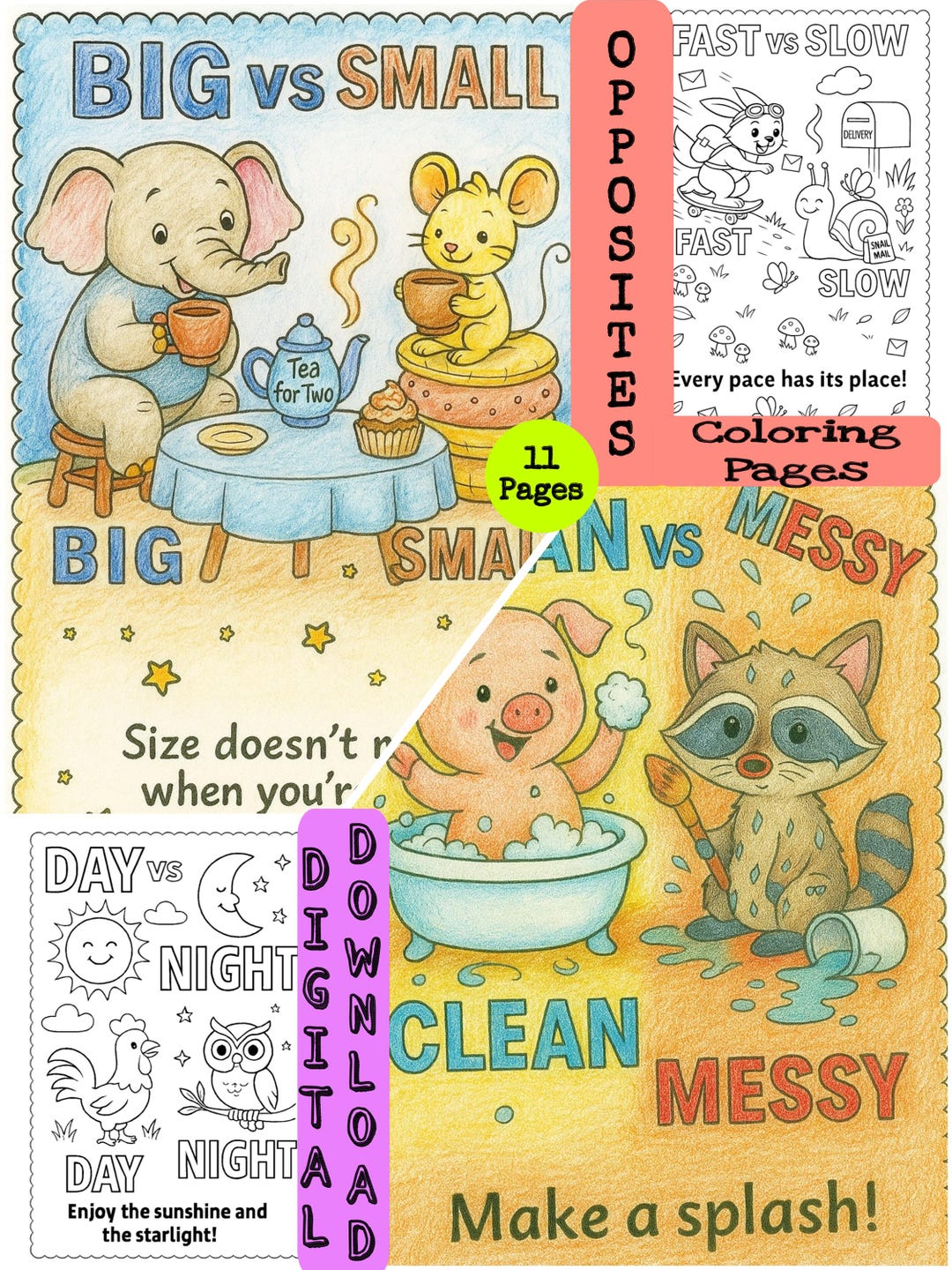 Printable Opposites Coloring Pages | 11 Pages | Preschool Printable ...
