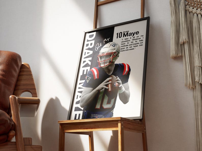 Drake Maye Poster, American Football, NFL Wall Art, Drake Maye Print ...
