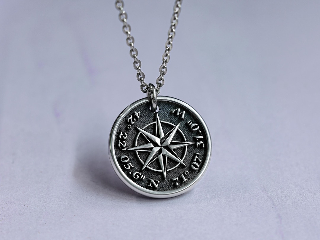 Womens TITANIUM Compass Necklace, Custom Location Necklace, Engrave ...