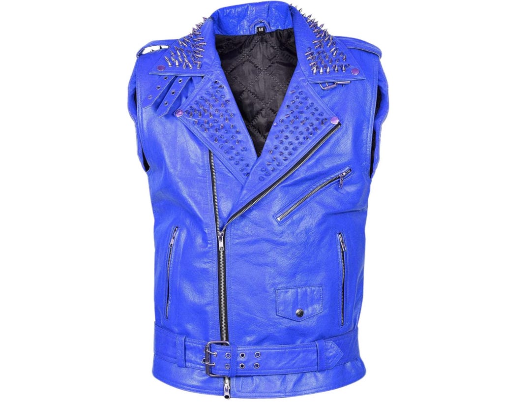 Blue Spiked Leather Biker Vest | Men's Punk Rock Studded Jacket - Etsy ...