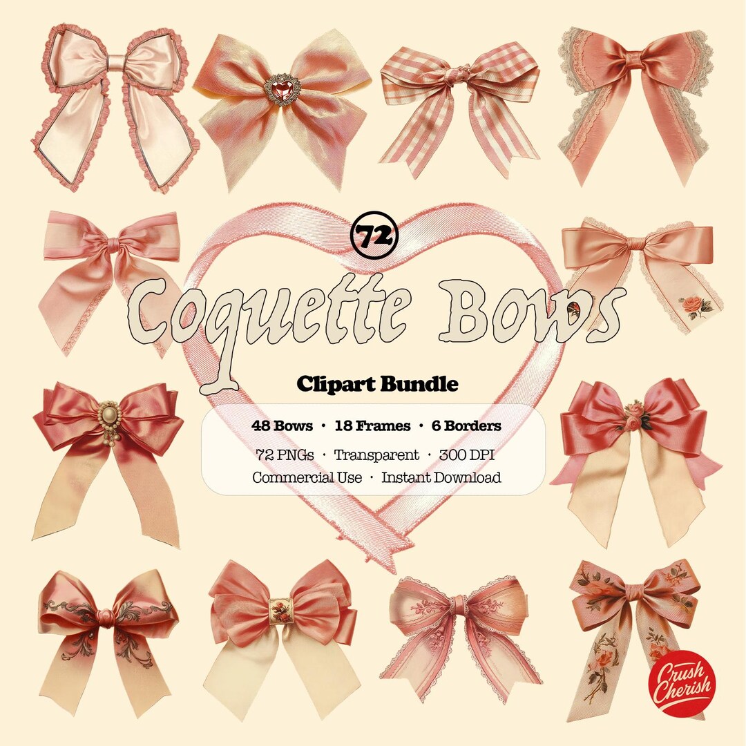 Coquette Bow Clipart Bundle | 72 Pngs With Frames & Borders | Vintage ...