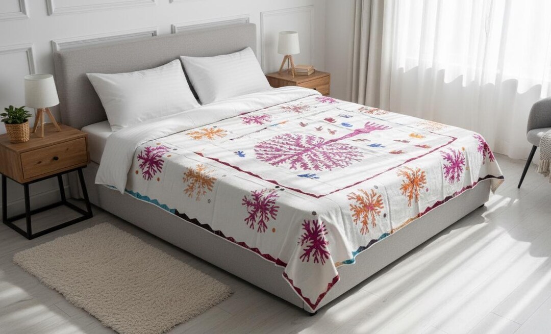 Handmade Tree of Life Appliqué Bedspread | Cotton Boho Bedcover With ...