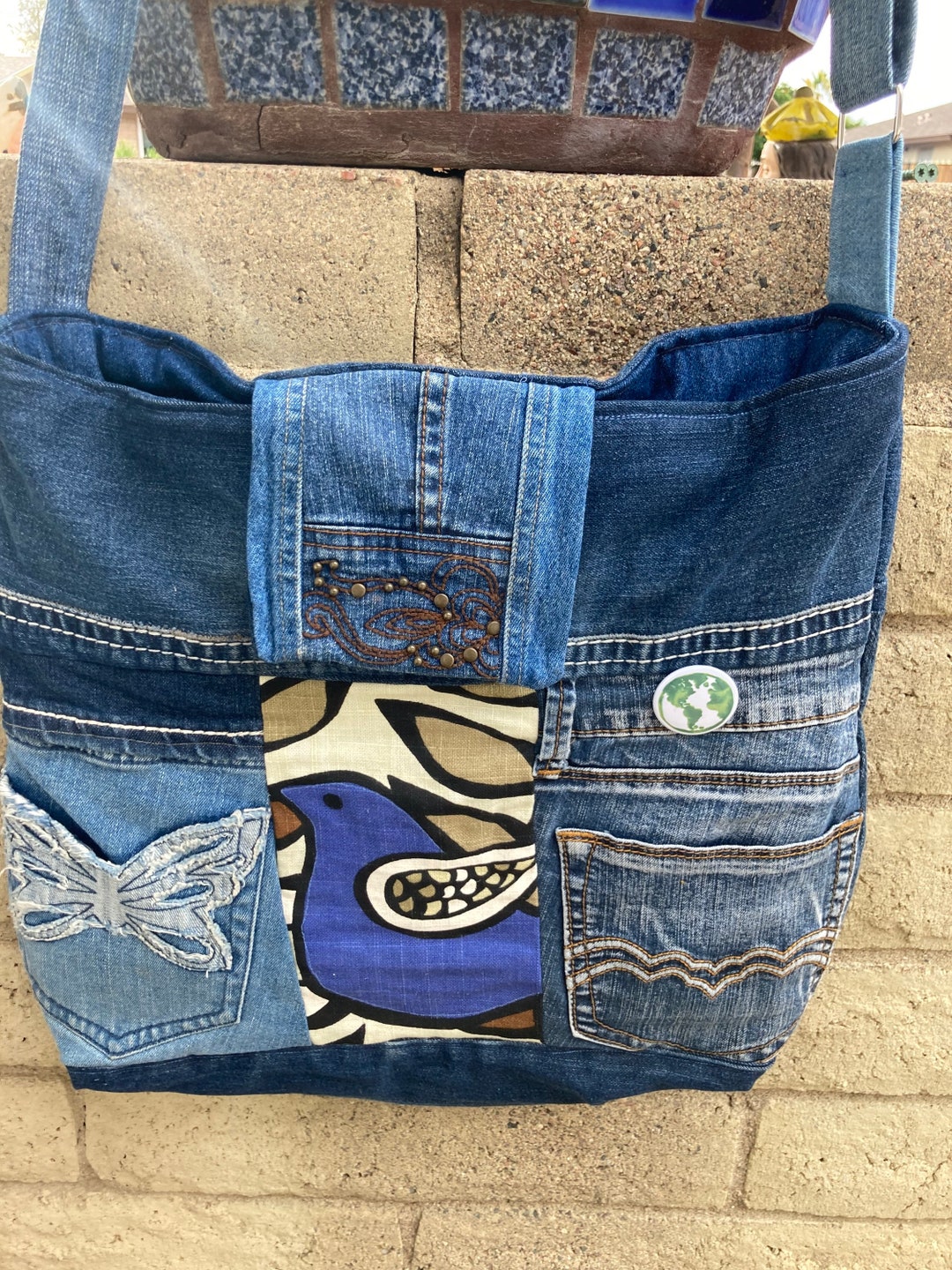 Retro Bird Bag Upcycled Bag Denim Bag Eco Friendly Bag Market Bag Cross ...