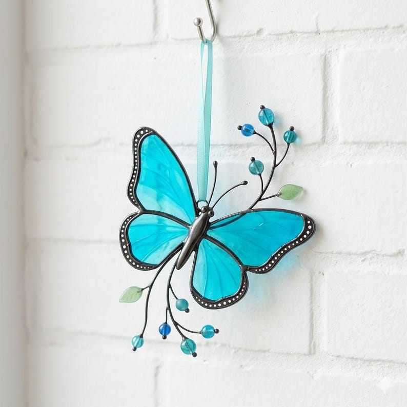 Blue Butterfly Stained Glass Suncatcher Round Floral Window Hanging ...