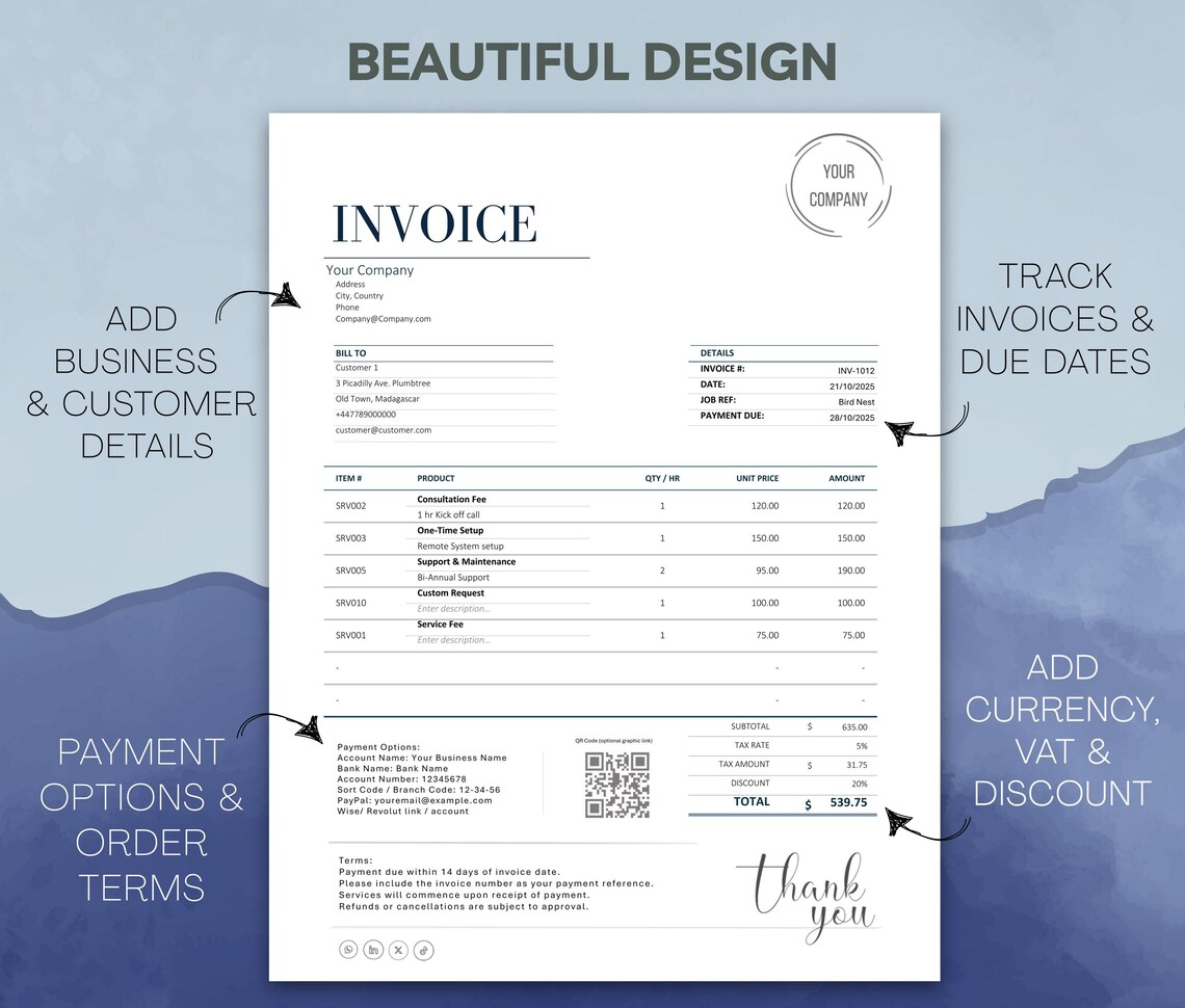 Editable Invoice Template for Excel - Advanced Small Business Automated ...