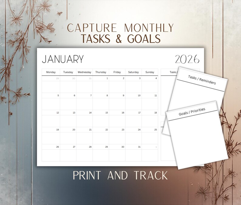 2026 Printable Calendar | Monthly Planner With Goals and Tasks | Clean ...