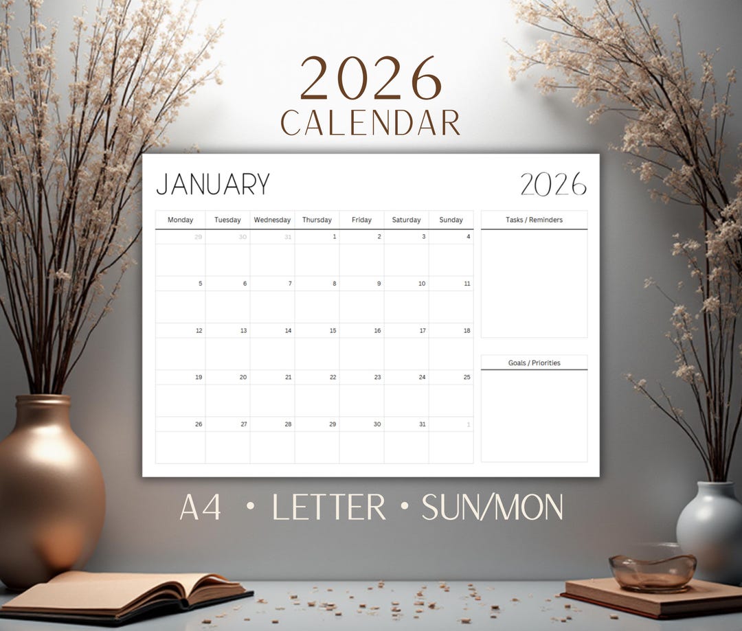 2026 Printable Calendar | Monthly Planner With Goals and Tasks | Clean ...