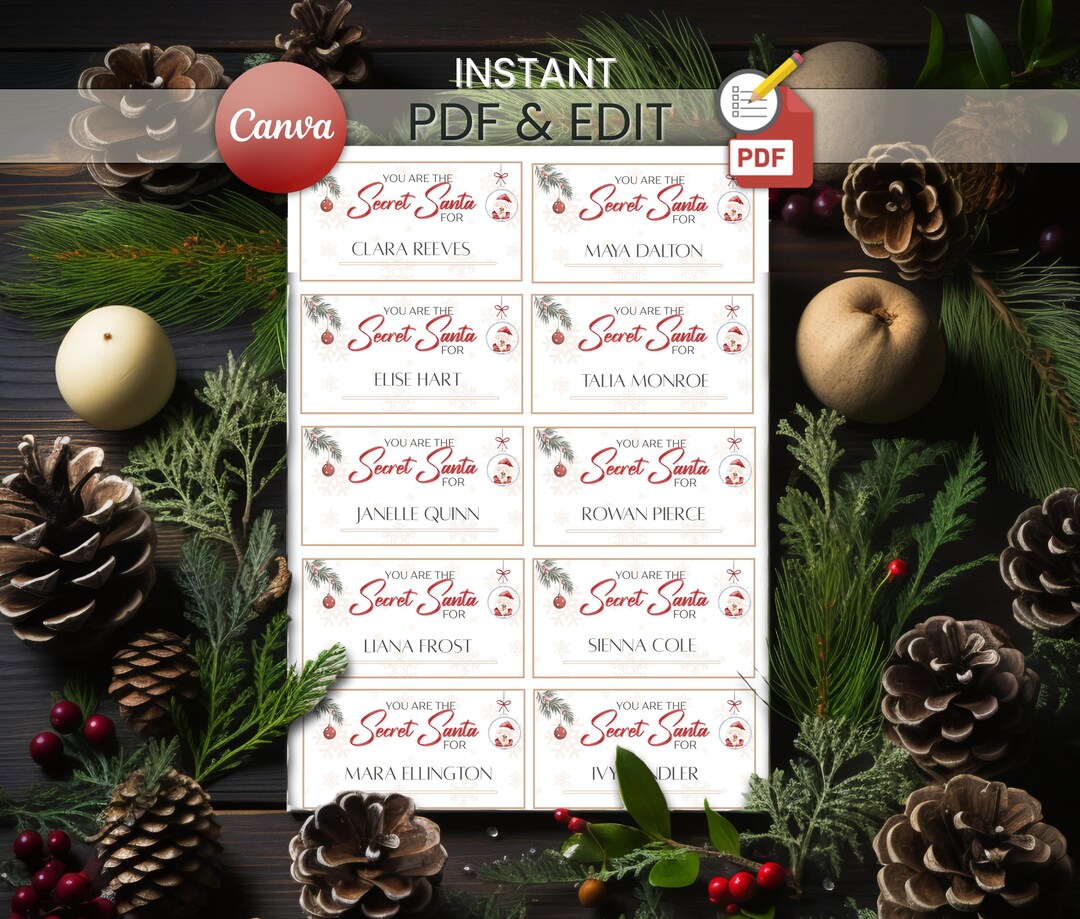 Secret Santa Name Draw Cards Editable Template & PDF | Christmas ...