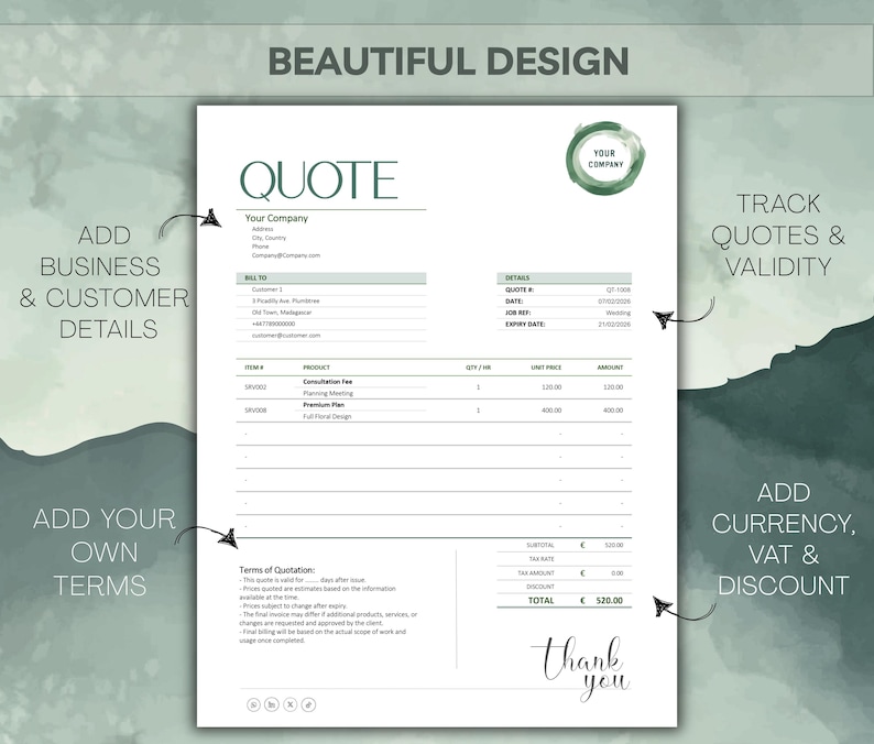 Quote Template & Tracker | Excel Google Sheets Automated Quotation Tool ...