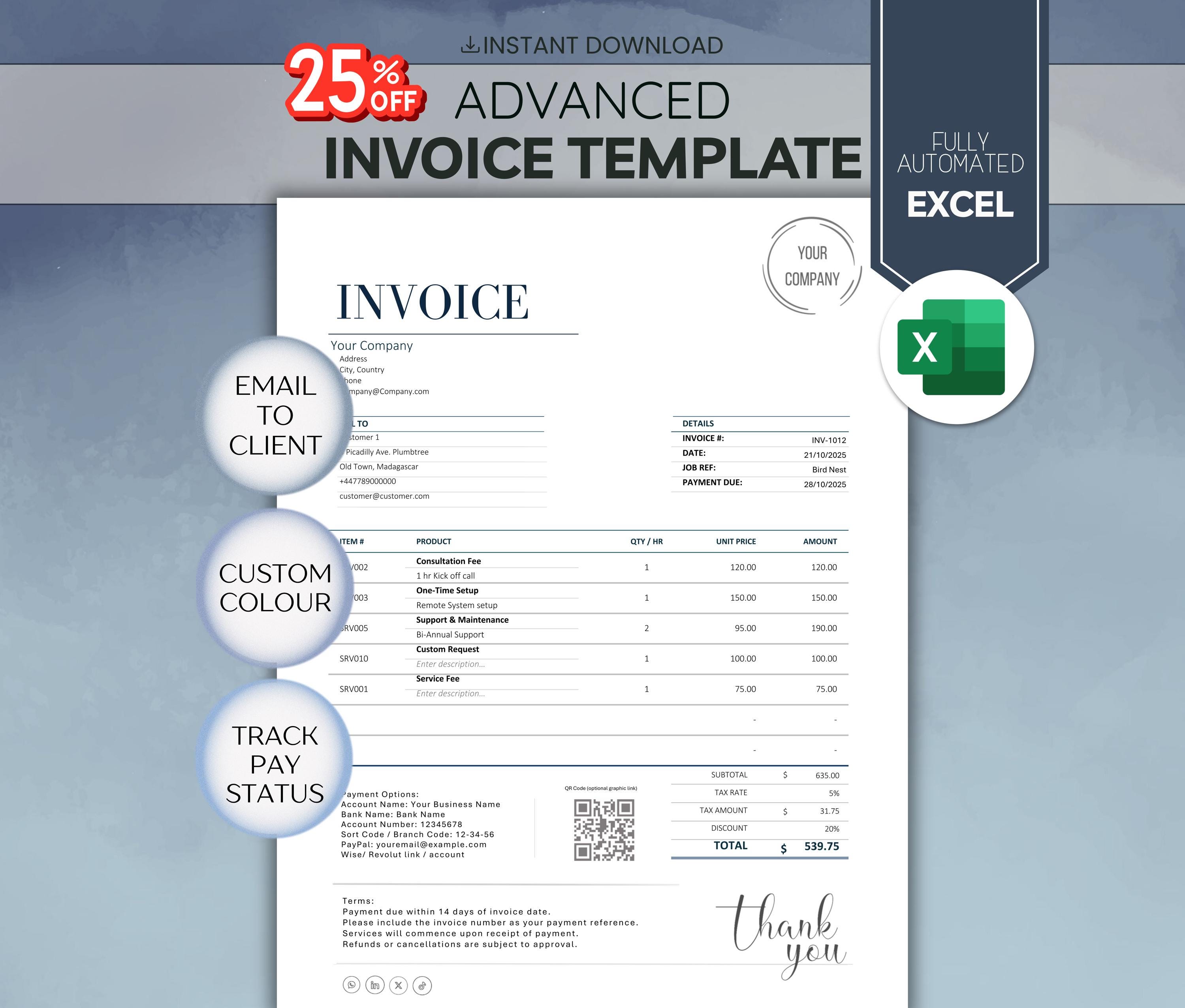 Editable Invoice Template for Excel - Advanced Small Business Automated ...