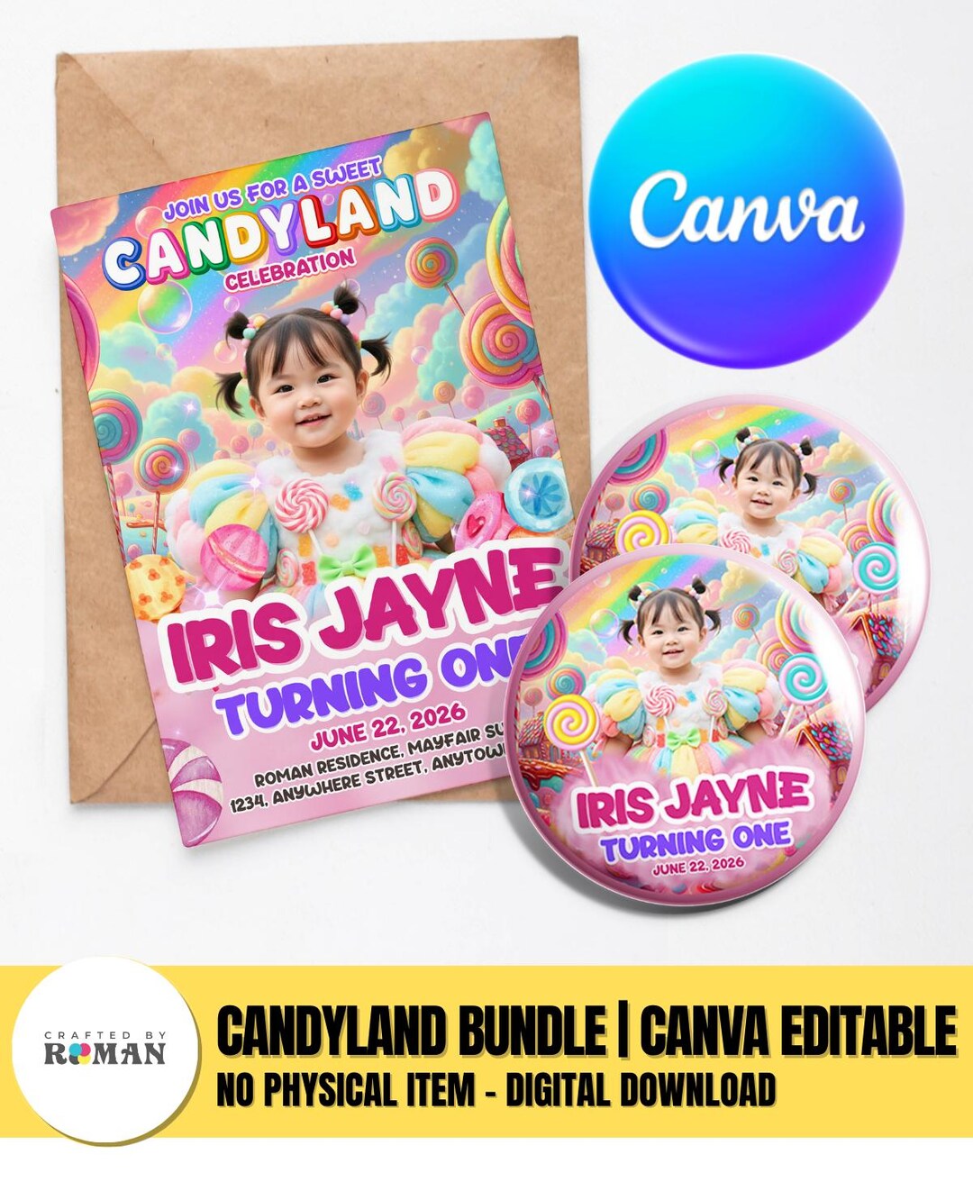 Candyland Birthday Invitation & Button Pin | Canva Editable Template ...