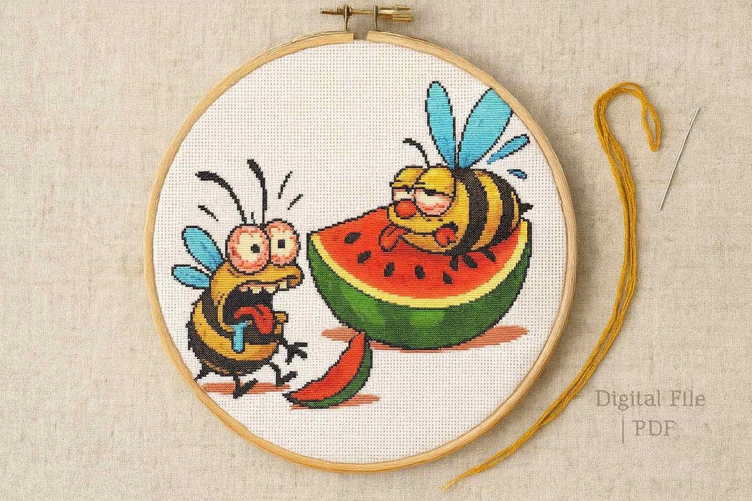 Funny Cartoon Bees Cross Stitch Pattern With Watermelon (PDF Download ...