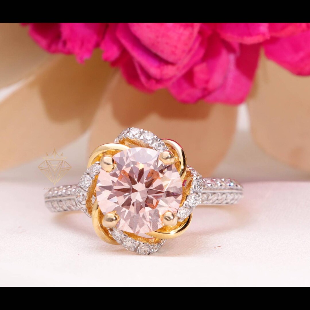 Buy 2CT Pink Morganite Engagement Ring, Round Cut Halo, 14K Gold ...