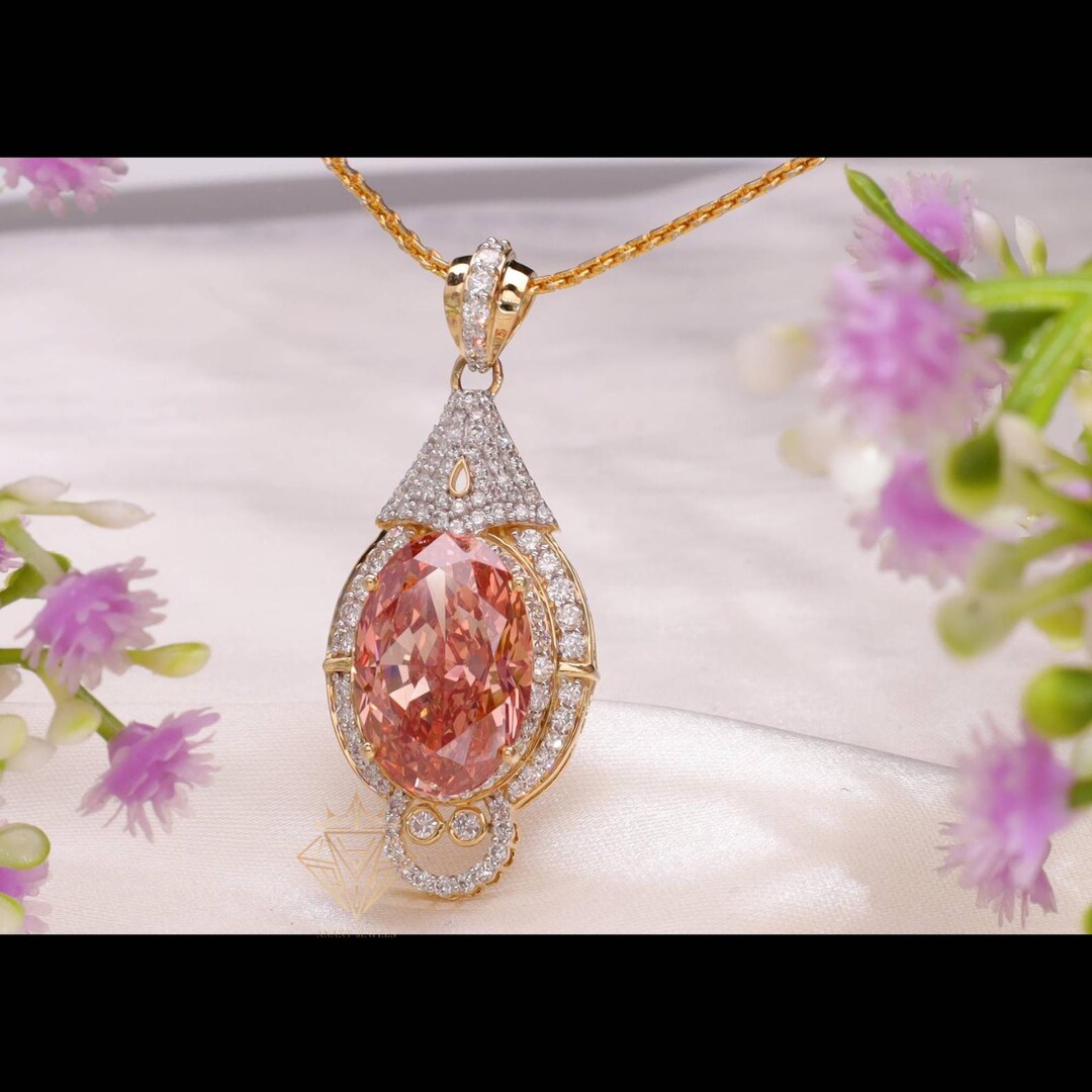 Buy 10CT Oval Pink Morganite Halo Pendant Necklace, Gold Statement ...