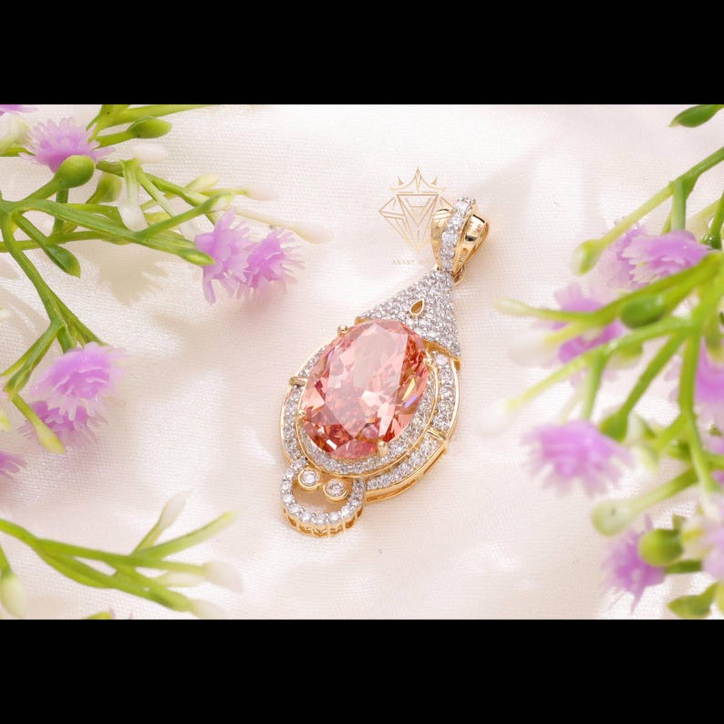 Buy 10CT Oval Pink Morganite Halo Pendant Necklace, Gold Statement ...