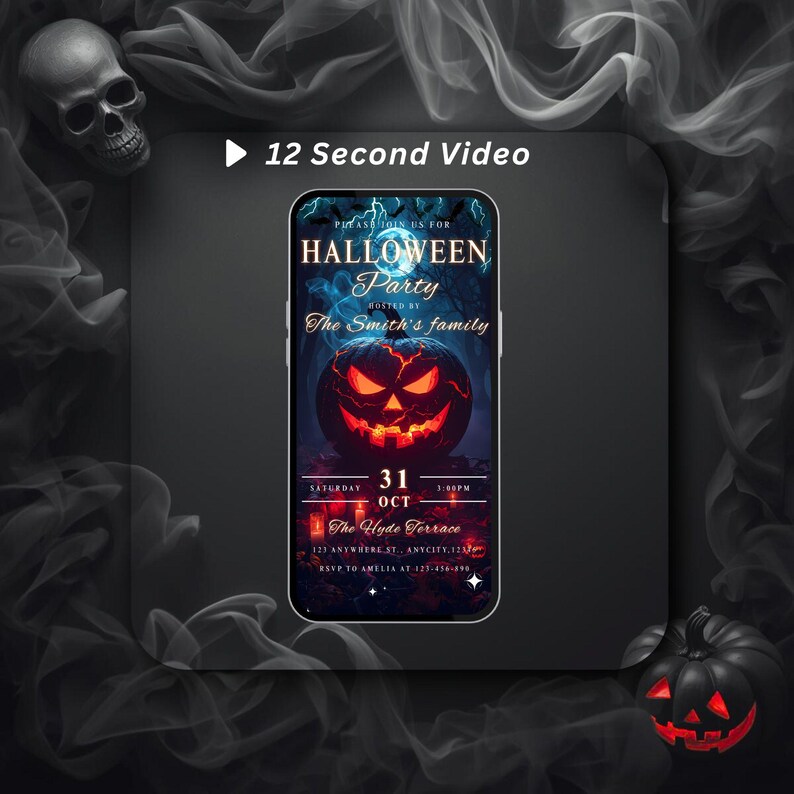 Spooky Ghost Halloween Party Invitation Video, Animated Skull Pumpkin ...