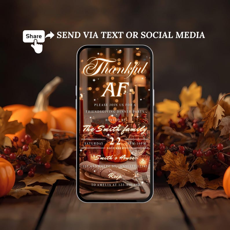 Animated Thankful AF Friendsgiving Dinner Invite: Editable Thankful AF Party Invite Template ...