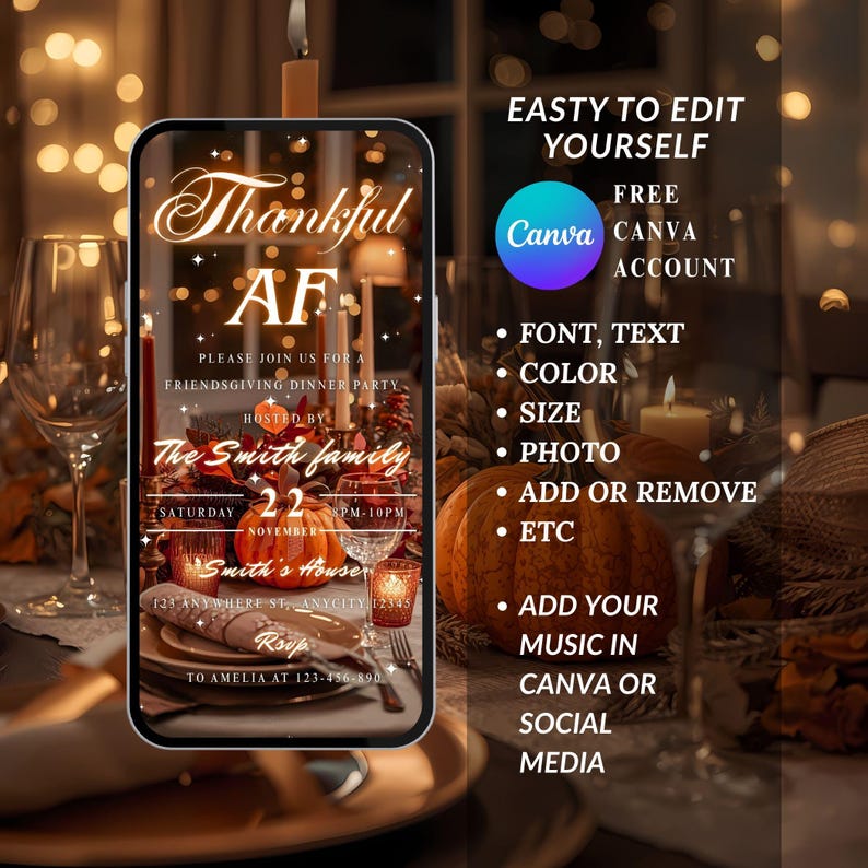 Animated Thankful AF Friendsgiving Dinner Invite: Editable Thankful AF Party Invite Template ...