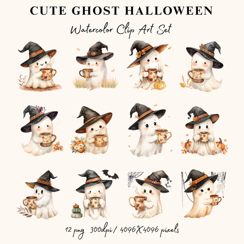 Spooky Cute Ghost Watercolor Halloween Clip Art: Printable Fall Witch ...
