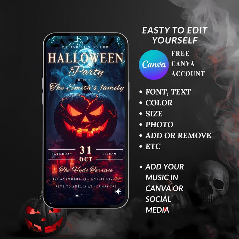 Spooky Ghost Halloween Party Invitation Video, Animated Skull Pumpkin ...