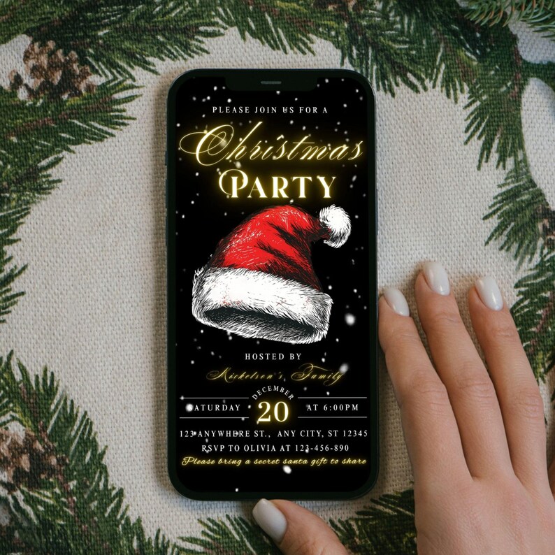 Elegant Christmas Party Invitation Video: Santa Hat Party Invite, Black ...