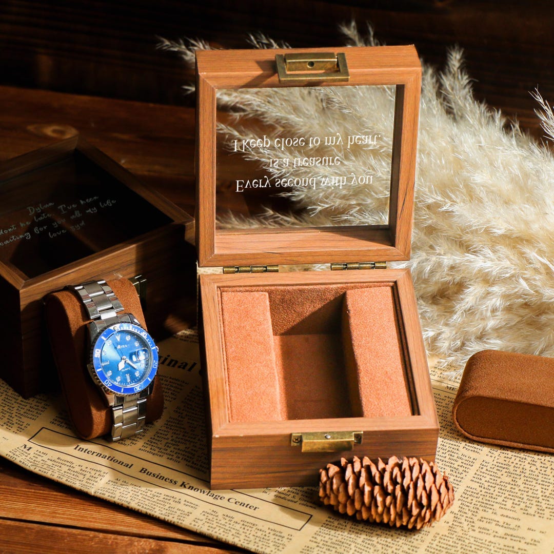 Customglass Top Wooden Single Watch Box for Men, Wood Watch Holder ...