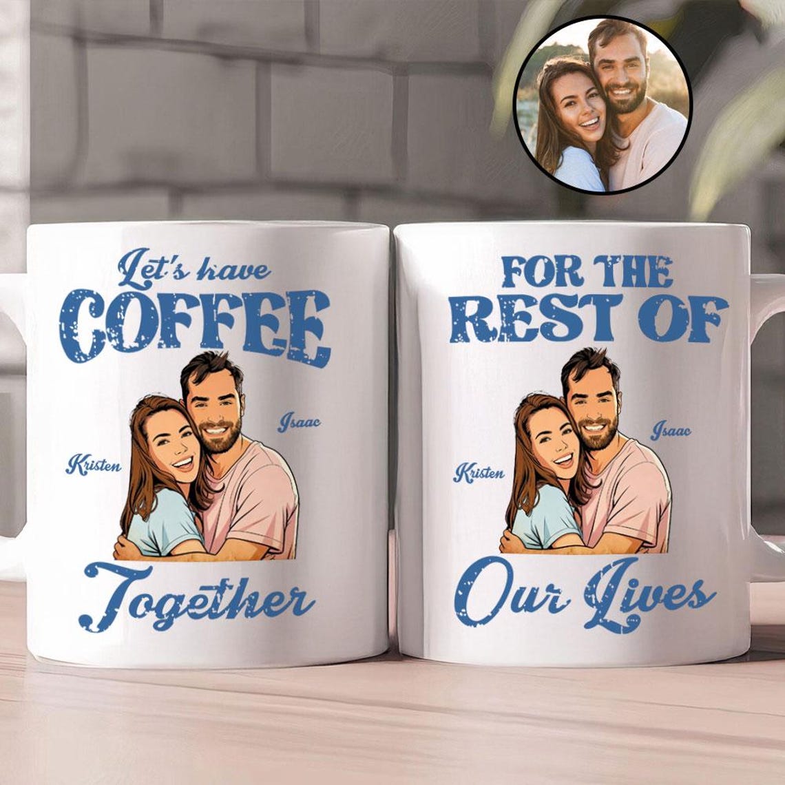 Personalized Couple Mug Set, Custom Portrait Coffee Mugs, Let’s Have ...