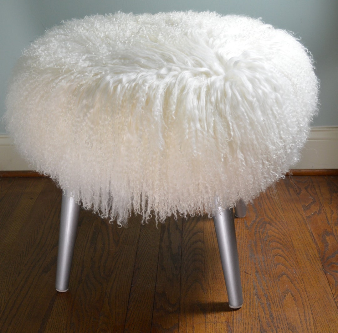 Mongolian Lamb Stool Mid Century Silver Wood Legs New Tibet Lamb Fur ...