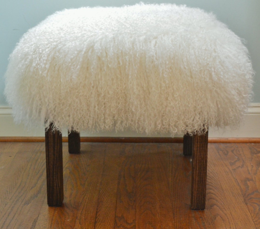 Real Mongolian Lamb Fur Bench With Parsons Style Wood Legs Stool New ...