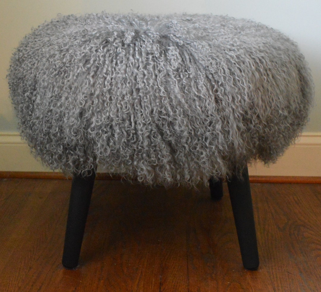 Mongolian Lamb Stool Mid Century Wood Legs New Made Tibet Lamb Fur Grey ...