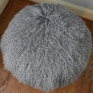 Mongolian Lamb Stool Mid Century Wood Legs New Made Tibet Lamb Fur Grey ...