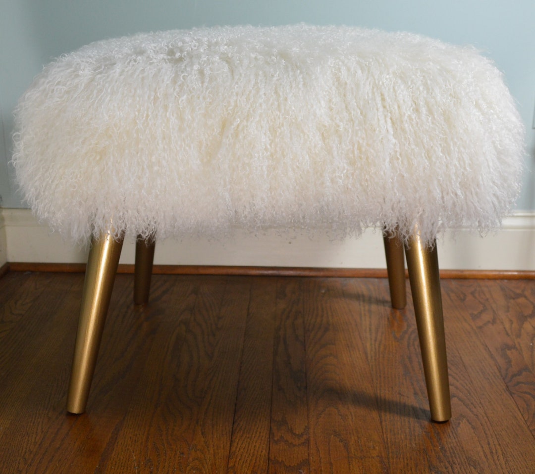 Real Mongolian Lamb Bench Stool Wood Legs With Gold Finish Footstool ...