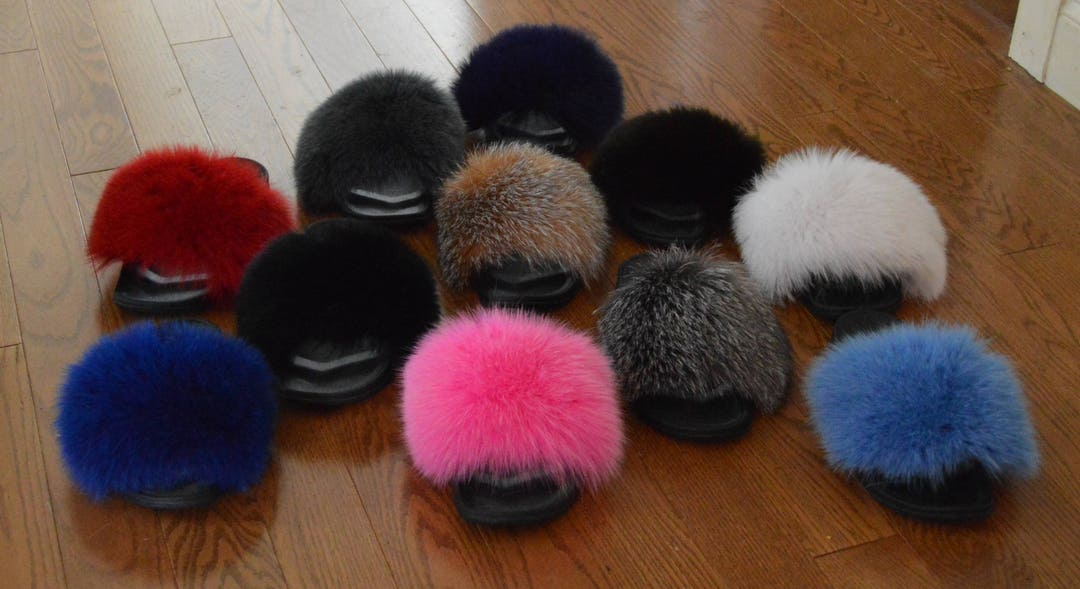 Real Fur Slide Fox Sandals Slippers Slides New - Etsy