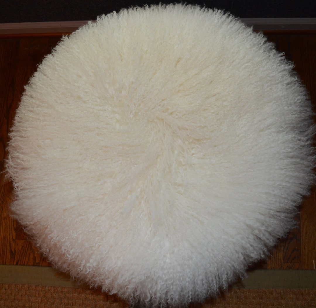 Round Mongolian Lamb Fur Pillow Natural White 18 Tibetan Genuine Fur ...