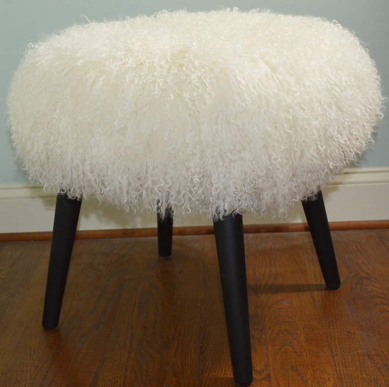 Mongolian Lamb Stool Mid Century Wood Legs New Tibet Lamb Fur Sheepskin ...