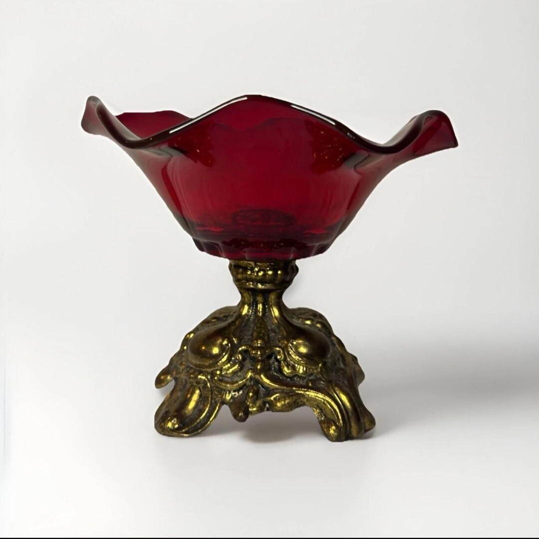Vintage Ruby Red Glass Compote Bowl - Art Deco Brass Base Centerpiece ...
