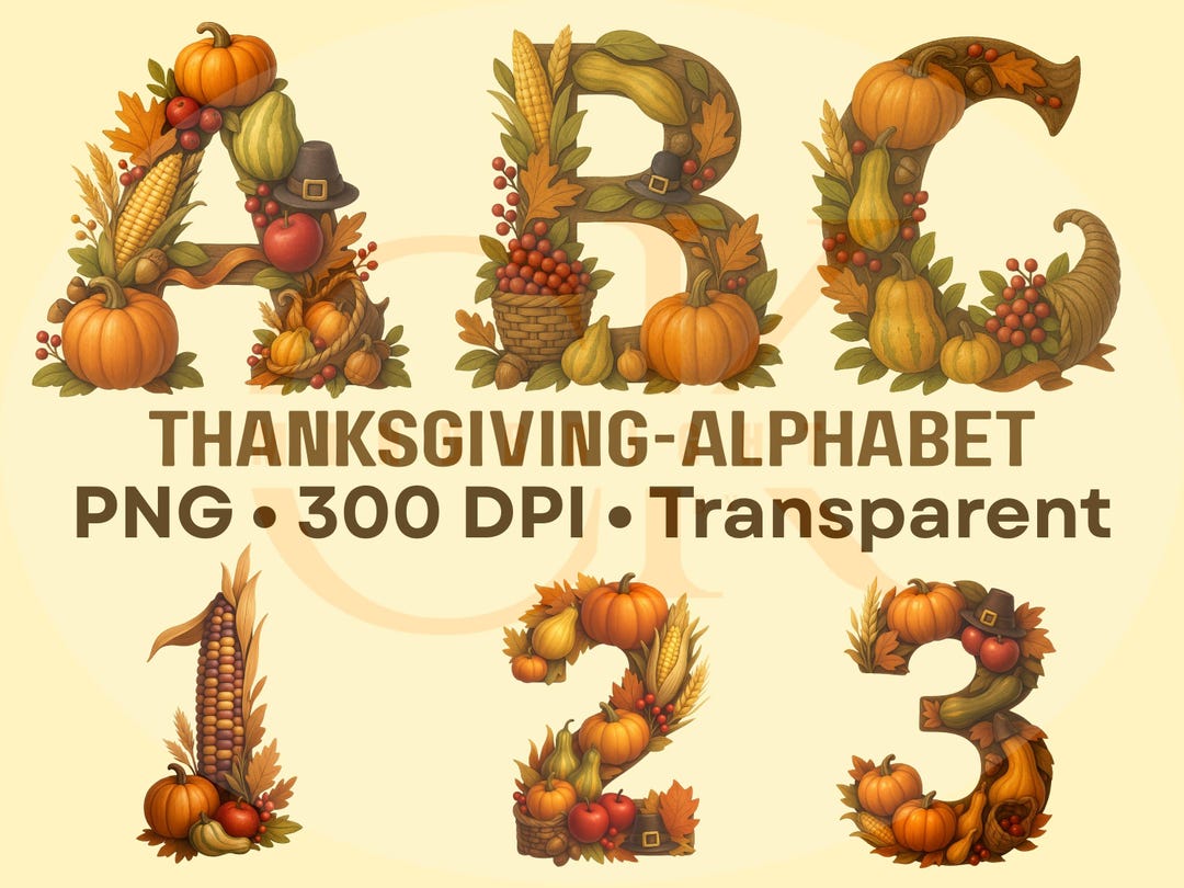 Thanksgiving Alphabet PNG Set – Fall Harvest Letters & Numbers ...