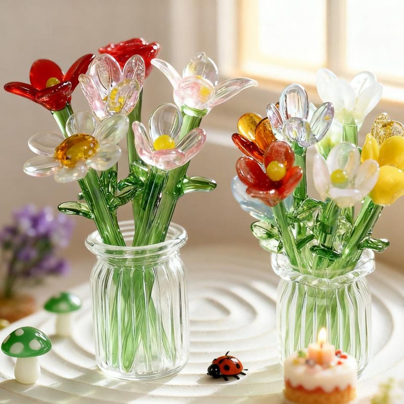 Hand Blown Mini Glass Flowers, Birth Month Flower Gift, Miniature Glass ...