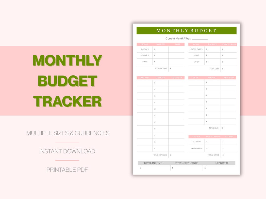 Monthly Budget Planner Printable | A4 & A5 | Green and Pink | GBP, USD ...