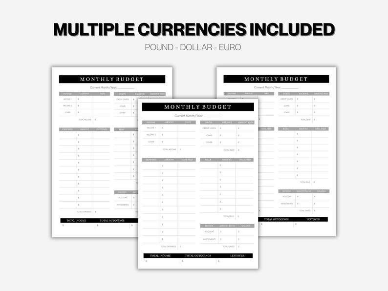 Monthly Budget Planner Printable | A4 & A5 | Monochrome | GBP, USD and ...