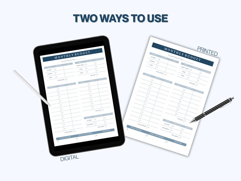 Monthly Budget Planner Printable | A4 & A5 | Blue Design| GBP, USD and ...