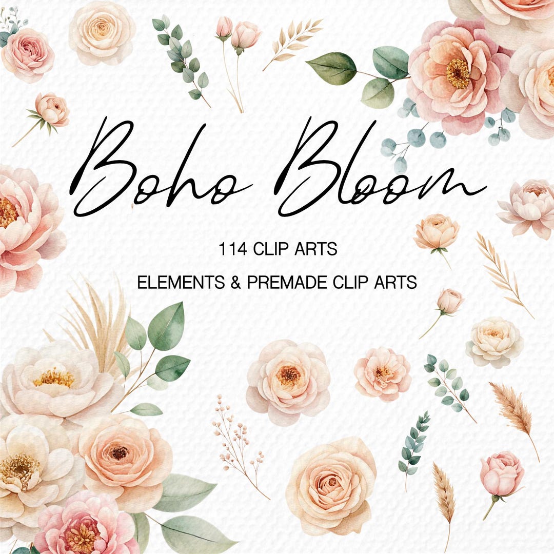 Watercolor Boho Floral Clipart Bundle: Roses, Pampas Grass (digital ...