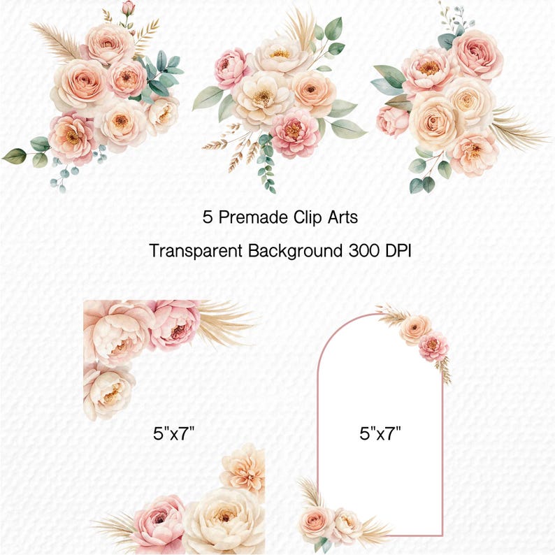 Watercolor Boho Floral Clipart Bundle: Roses, Pampas Grass (digital ...